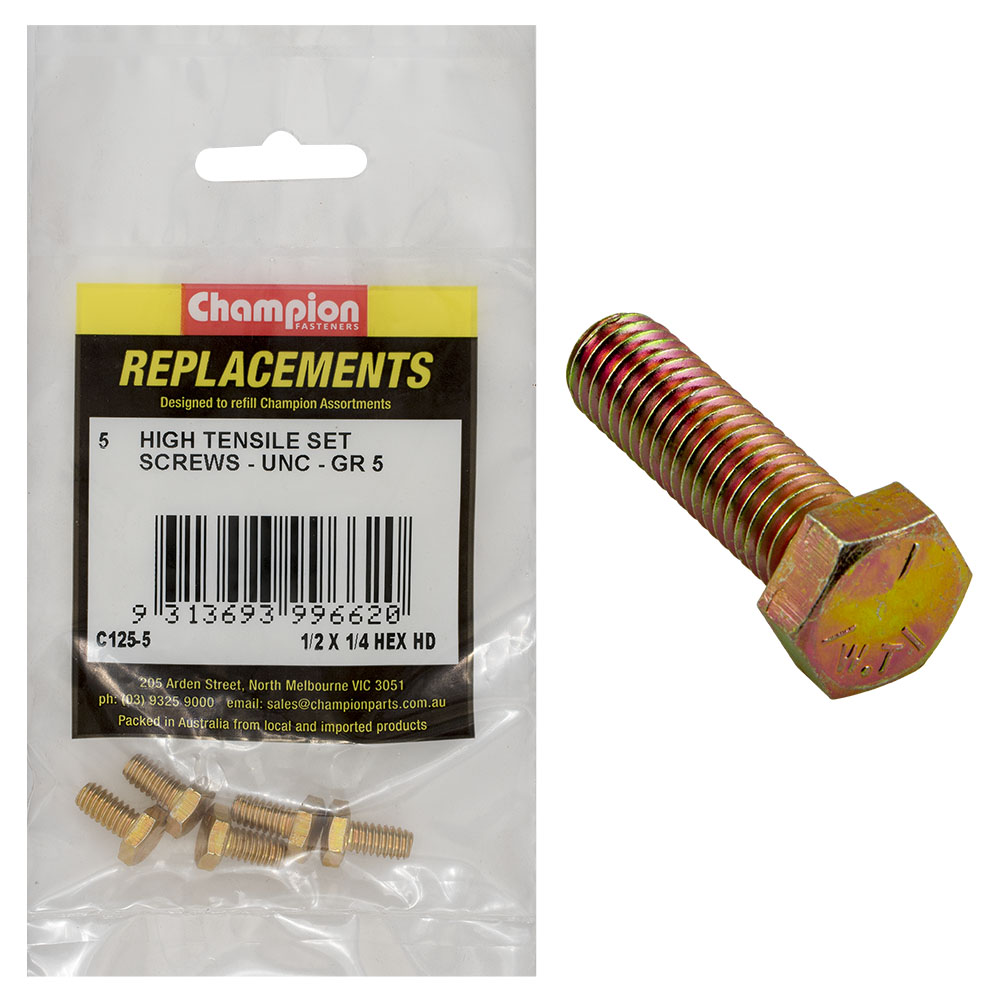 HEX SET SCREWS HIGH TENSILE 1 4 X 1 2 UNC GRADE 5 Champion Parts HEX SET SCREWS HIGH TENSILE 1 4 X 1 2 UNC GRADE 5 Champion Parts